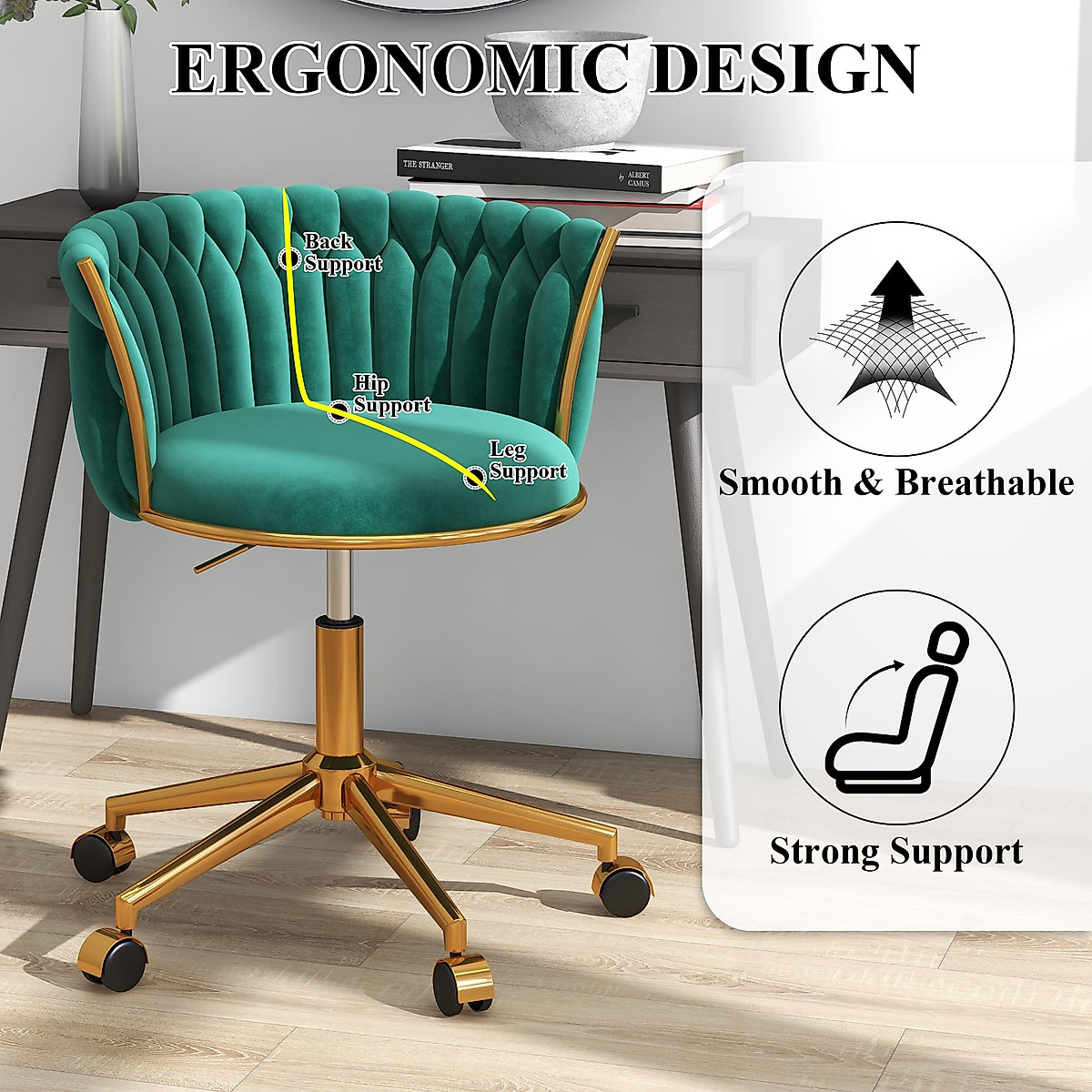 GOOLON Velvet Desk Chair, Modern Office Chair with Wheels, Home Swivel Vanity Armchair with Woven Back Comfy Height Adjustable Seat Sturdy Golden Metal Rolling Base for Makeup Bedroom, Dark Green