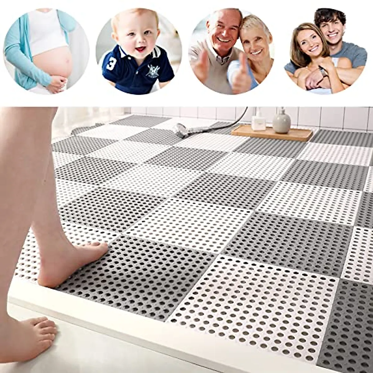 12 Pack 11.8" x 11.8" Interlocking Floor Tiles with Drain Holes Soft PVC Non Slip Shower Floor Mat Rubber Flooring Drainag Mat for Pool, Patio, Balcony, Kennel, Poultry, Dog, Grey&White