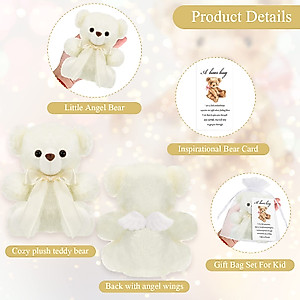 HyDren Angel Bear Plush Stuffed Animal Bear Sympathy White Bear Dolls Gift Ribbon Bow and Condolences Card for Kid Boy Girl Funeral Memorial Comfort Loss of Loved One