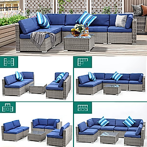 YITAHOME 7 Pieces Patio Furniture Set, Outdoor Sectional Sofa PE Rattan Wicker Conversation Set Outside Couch with Table and Cushions for Porch Lawn Garden Backyard(Gray+Blue)
