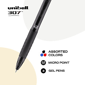 uni-ball 307 Retractable Gel Pens, Micro Point (0.5mm), Assorted, 3 Count