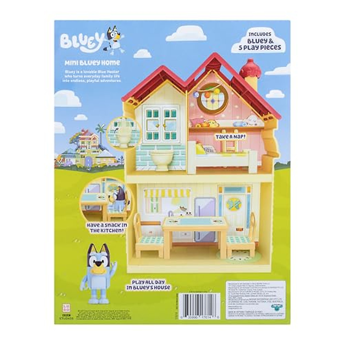 Bluey Mini Home Playset | Compact House Playset with Carry Handle | Three Different Rooms | Kitchen, Bedroom and Bathroom | Includes Figure with 5 Play Pieces