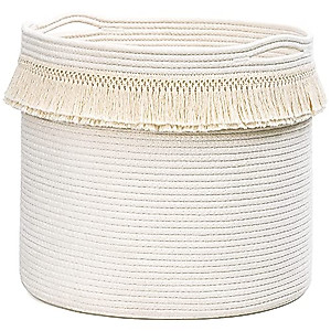 CherryNow Woven Storage Basket Boho Round Basket with Macrame Tassel Large Decorative Rope Basket in Living Room, Bathroom Cute Baby Basket for Toy, Towel, Diaper, 15" x14.2'', White