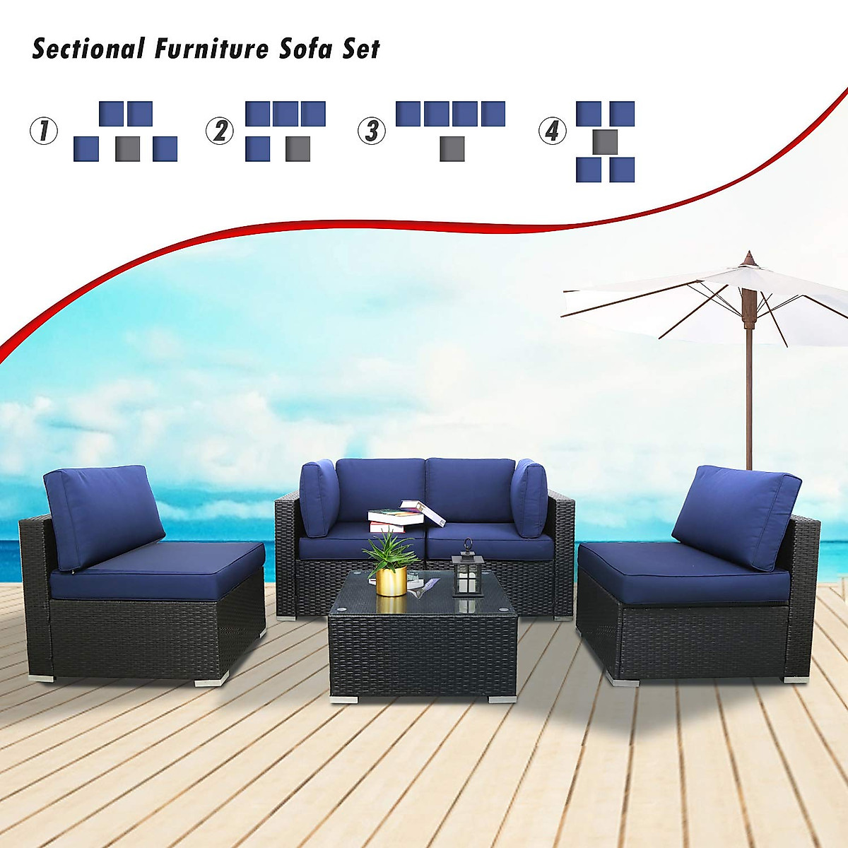 Excited Work 5PCs Patio PE Rattan Sectional Sofa, Outdoor Wicker Furniture Sets with Washable Couch Cushions & Coffee Table (Orange)