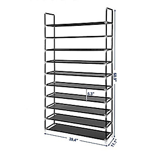 SoSo-BanTian1989 Black 10 Tiers Metal Tube Free Standing Shoe Rack, 50 Pairs Expandable Divisible Non-Woven Fabric Shoe Storage Organizer Cabinet Tower Shelf