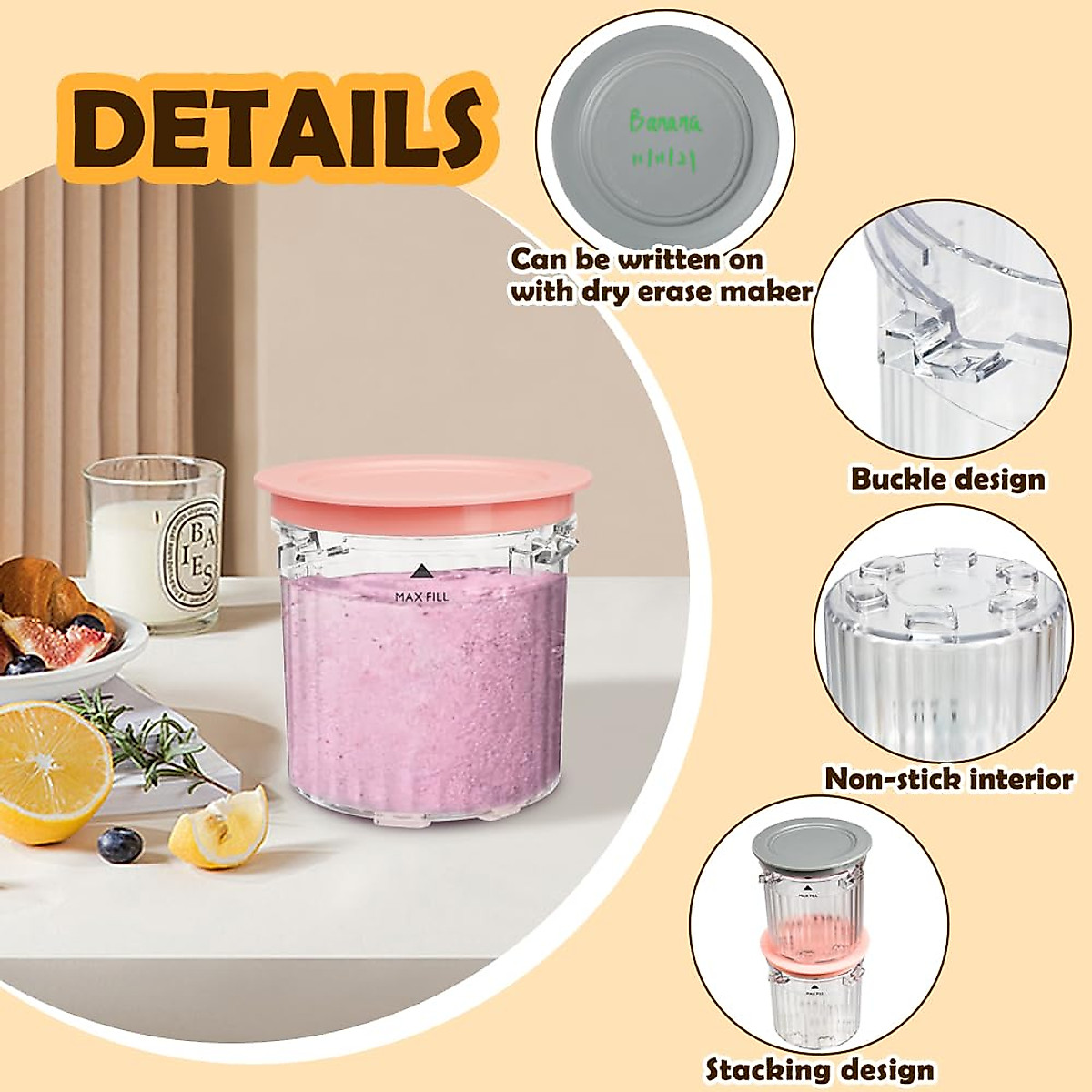 YQL Creami Pints and Lids - 4 Pack,Creami Pint Containers Ice Cream Containers 16oz Compatible with Ninja NC201 NC200 Series Ice Cream Maker Dishwasher Safe