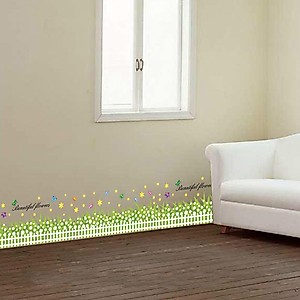 BIBITIME Garden White Fence Flower Green Grassland Borders Stickers Beautiful Butterfly Wall Decal for Kitchen Living Room Nursery Bedroom Kids Room Decor Home Art Mural