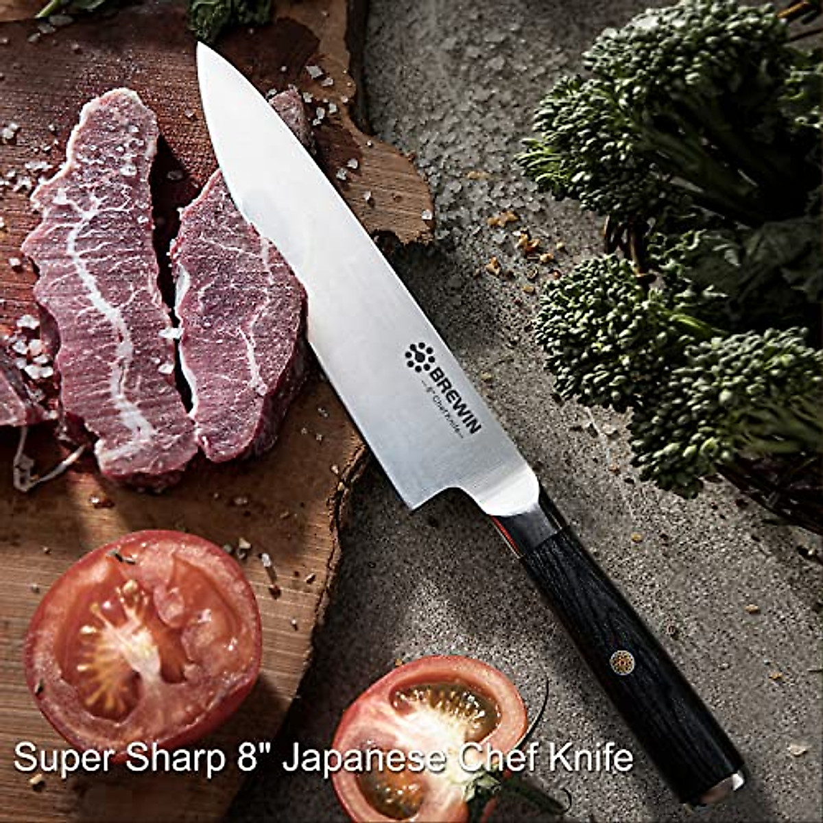 Brewin Japanese Chef knife 8 inch with Knife Sharpener,Professional Sharp Kitchen Knife with Elegant Black Pakkawood Handle High Carbon Stainless Steel Hand Forged Chef's Knives for Cooking Gift Box