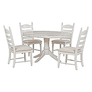 KoiHome 5-Piece Retro Functional 42"-58" Wood Round Extendable 4 Upholstered Chairs, Set of 5, Family Dining Table Set for Restaurant, Kitchen (Antique White)
