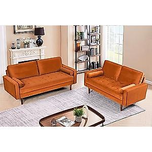 Container Furniture Direct Velvet 58" Loveseat Sofa Couch for Living Room, Classic Mid-Century Style with Modern Silhouette, Button Tufting and Wood Legs, Includes 2 Bolster Pillows, Orange
