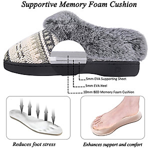 DL Women's House Slippers with Fuzzy Plush Faux Fur Collar, Memory Foam Slip on House Shoes with Indoor Outdoor Anti-Skid Rubber Sole, Grey/white, 7-8