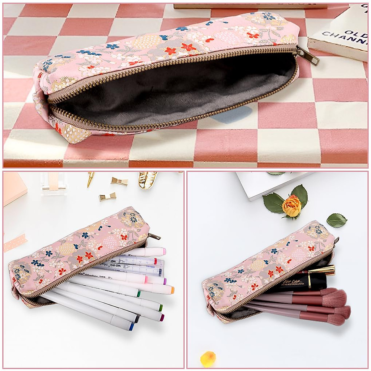 Oyachic Embroidery Pencil Case Flower Pencil Pouch Pen Box Pen Holder Organizer Bag Cosmetics Makeup for Office Supplies,pink