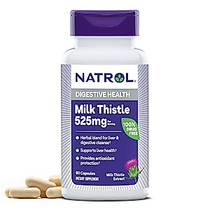 Natrol Milk Thistle 525 mg per serving, Dietary Supplement for Digestive Health, Milk Thistle Supplement, 60 Capsules, 30 Day Supply