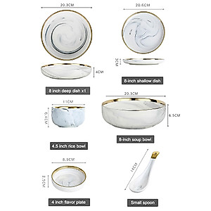 BINTING Steak Dinner Plate Gold Rim Ceramics Dinnerware Set Gold Rim Dinnerware Set European Style Dishes 9-Pieces Sets Gold Edge Marble Pattern Sturdy Tableware