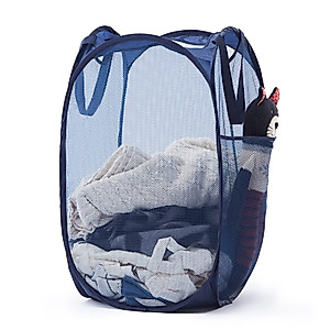 Collapsible Mesh Pop Up Laundry Hamper with Sturdy Handles and Side Pocket - Portable Foldable Clothes Baskets for Dorm, Bathroom & Travel Storage(Blue)