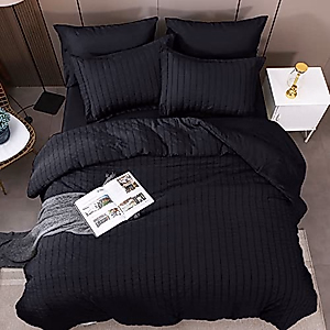 HYMOKEGE Duvet Cover Queen 3 Pieces, Black Seersucker Duvet Cover Set, Luxury Soft Brushed Microfiber Bedding Set with 1 Comforter Cover & 2 Pillow Shams, 90x90 Inch