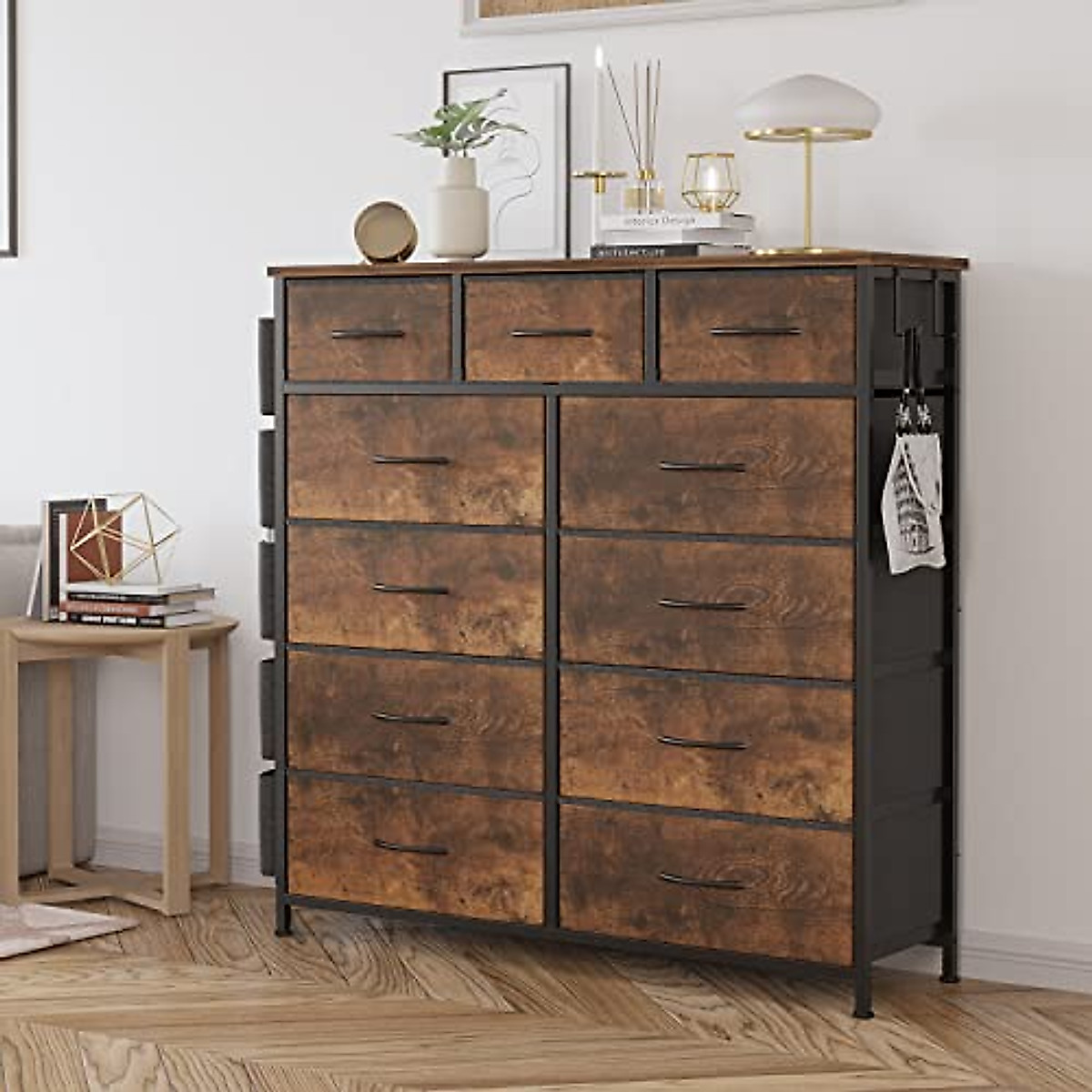 LIVEHOM 11 Dresser Drawer for Bedroom, Chest of Drawers with Side Pockets, Hooks, Fabric Storage Drawer, Steel Frame, Wood Top, Organizer Unit and Pull Handle for Closet, Nursery