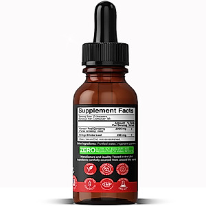 Korean Red Panax Ginseng 2000mg + Ginkgo Biloba Extra Strength Root Extract Supplement for Men & Women,High Ginsenosides, 2 fl oz Natural Advanced Liquid Extract for Energy, Performance & Focus