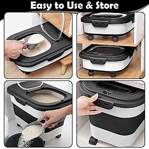 Rice Storage Container, 20-30Lbs Airtight Large Dog Cat Food Storage Containers with Wheels, Scoop & Measuring Cup, Collapsible Kitchen Flour Bin, Dry Food Storage Holder for Rice Kibble Pet Food