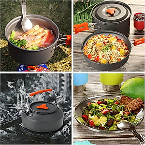 Camping Cooking Set Camping Cookware Outdoor Aluminum Mess Kit with Frying Pan, Pot with Lid, 1.2L Kettle Set and 2 Stainless Steel Plate, 2 Folding Cups and 2 Set Knives Spoons for Backpacking Picnic