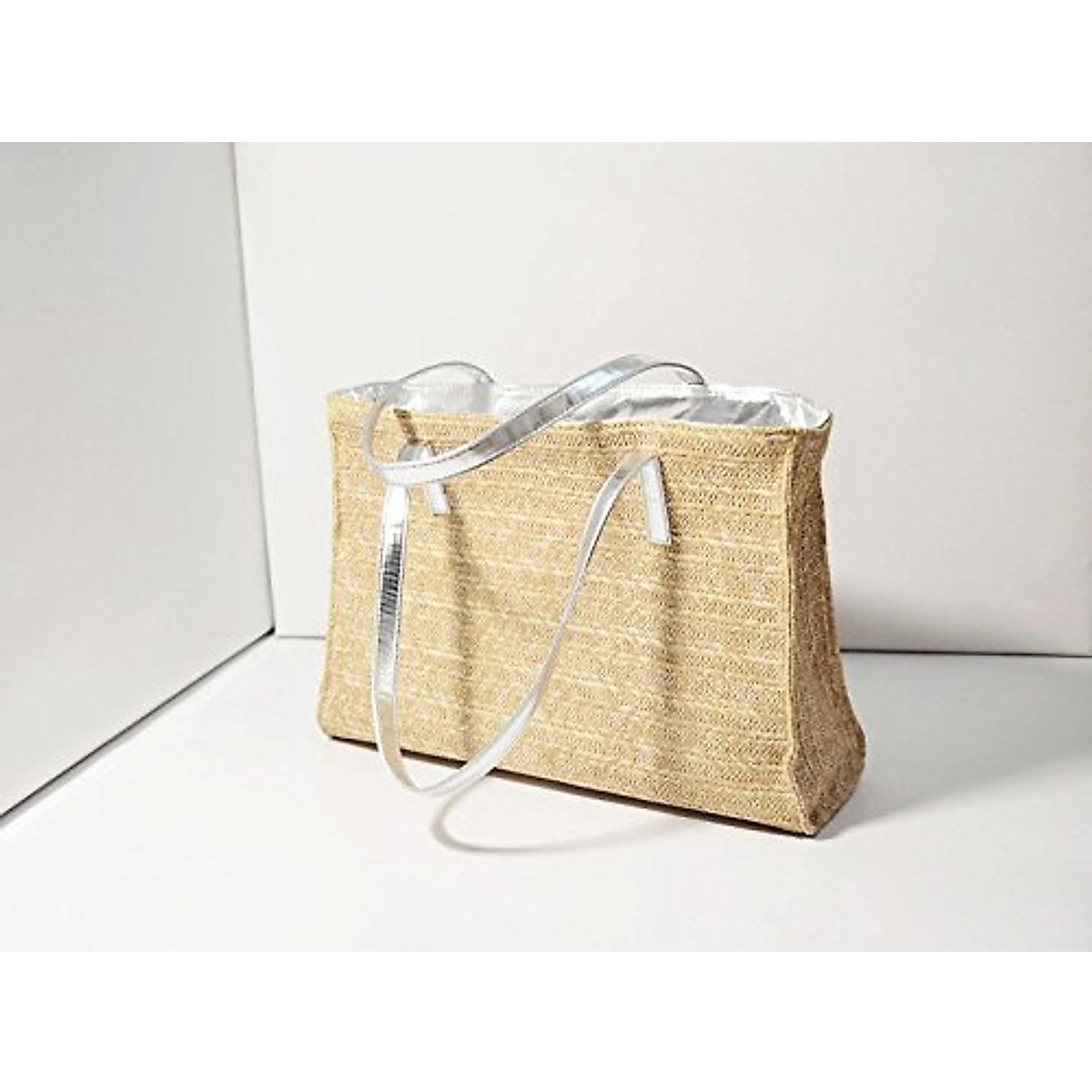 HOXIS Holiday Beach Straw Faux Leather Handle Tote Womens Shoulder Handbag (Silver)