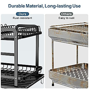 GSlife Dish Drying Rack with Drainboard - 2 Tier Rust Resistant Dish Rack for Kitchen Counter, Dish Drainer Racks Set with Utensil Holder, Cutting Board Holder, Black