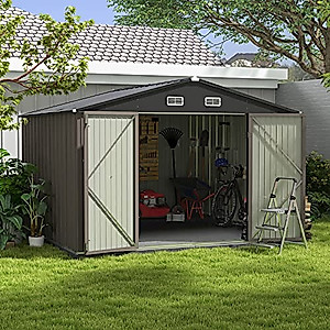 Patiowell 10 x 10 FT Outdoor Storage Shed, Steel Yard Shed with Design of Lockable Doors, Utility and Tool Storage for Garden, Backyard, Patio, Outside use,Brown
