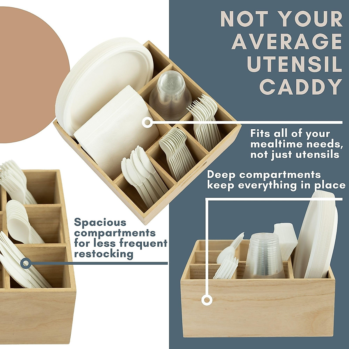 Large Wooden Silverware Caddy For Party, Holds Plates, Napkins, Cups, Forks, Spoons, and Knives, Utensil Holder for Party, Hosting Essentials, Cutlery Holder for Party, Flatware Caddy, Utensil Caddy