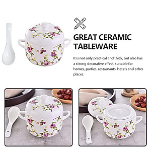 Hemoton Cereal Containers Ceramic Stew Pot with Lid Spoon Food Serving Bowl Kitchen Steaming Bowl Home Stockpot Steam Soup Bowl Steaming Cup for Home Kitchen Cereal Container