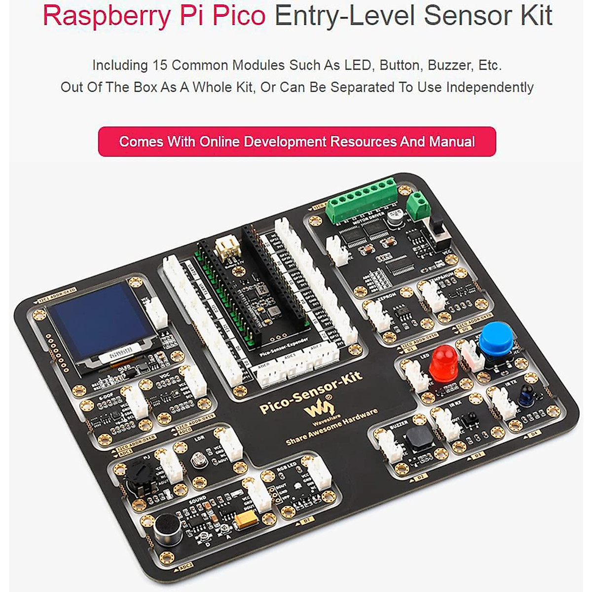 for Raspberry Pi Pico W, Raspberry Pi Pico W Sensor Kit with Expansion Board and Raspberry Pi Pico W with Pre-Soldered Header and RGB LED,Motor Driver,etc,15 Detachable Sensors, All-in-One Design