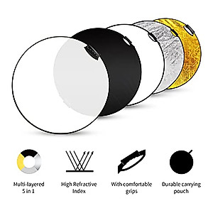 Selens Portable 5-in-1 24 Inch (60cm) Handle Round Reflector Collapsible Multi Disc with Carrying Case for Photography Photo Studio Lighting & Outdoor Lighting, Photography Multi-Disc Photo Reflector