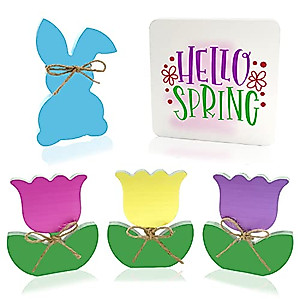 Ahzemepinyo 5 Pieces Easter Bunny Table Wooden Sign Wooden Tulips Tiered Tray Decor Hello Spring Wood Tabletop Decoration for Happy Easter Party Supplies