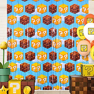 Bupelo Super Bros Birthday Party Supplies, 2 Pack Question & Brick Tinsel Foil Fringe Curtains, Super Game Themed Photo Booth Prop Party Backdrop, Super Bros Party Decorations Room Decor for Kids