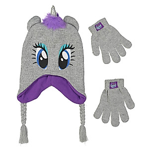 Girls Knitted Animal Beanie Winter Hat and Glove Set Purple Unicorn