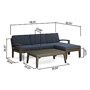 Christopher Knight Home Grenada Sectional Sofa Set | 5-Piece 3-Seater | Includes Coffee Table and Ottoman | Acacia Wood Frame | Water-Resistant Cushions Dark Gray, Finish
