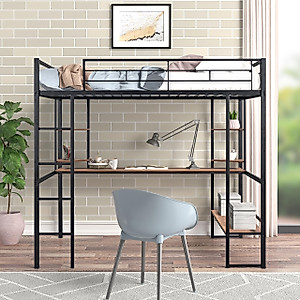 BIADNBZ Full Size Loft Bed with Desk and Shelves Storage, Metal High LoftBed Frame w/Ladder for Kids Teens Adults Bedroom, Black