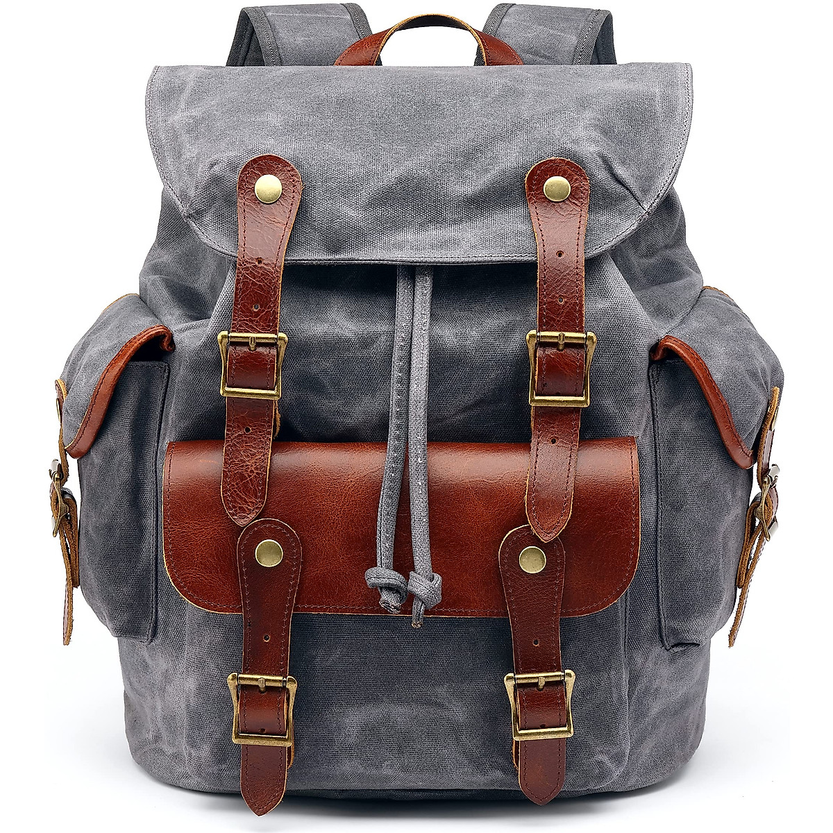 Waxed Canvas Leather Backpack for Men, Military Tactical Shoulder Rucksack for Travel School Bag (M85_Grey)