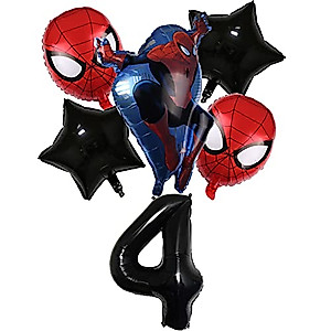 KAREENA 6PCS Superhero Spiderman themed 4th Birthday Decorations Black Number 4 Balloon 32 Inch | The Balloons for Kids Baby Shower Party (Spiderman Birthday)