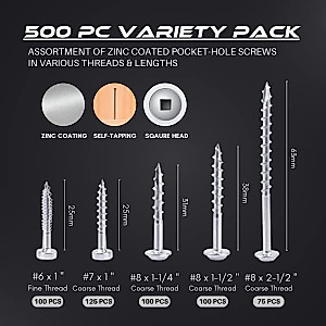 Massca Wood Screws Assortment Kit - Pocket Hole Screws with Plastic Storage Box, 500 Set Screw Assortment Kit Heavy Duty, Fine Thread, Zinc Plated Set Screws for Woodworking, Varying Lengths