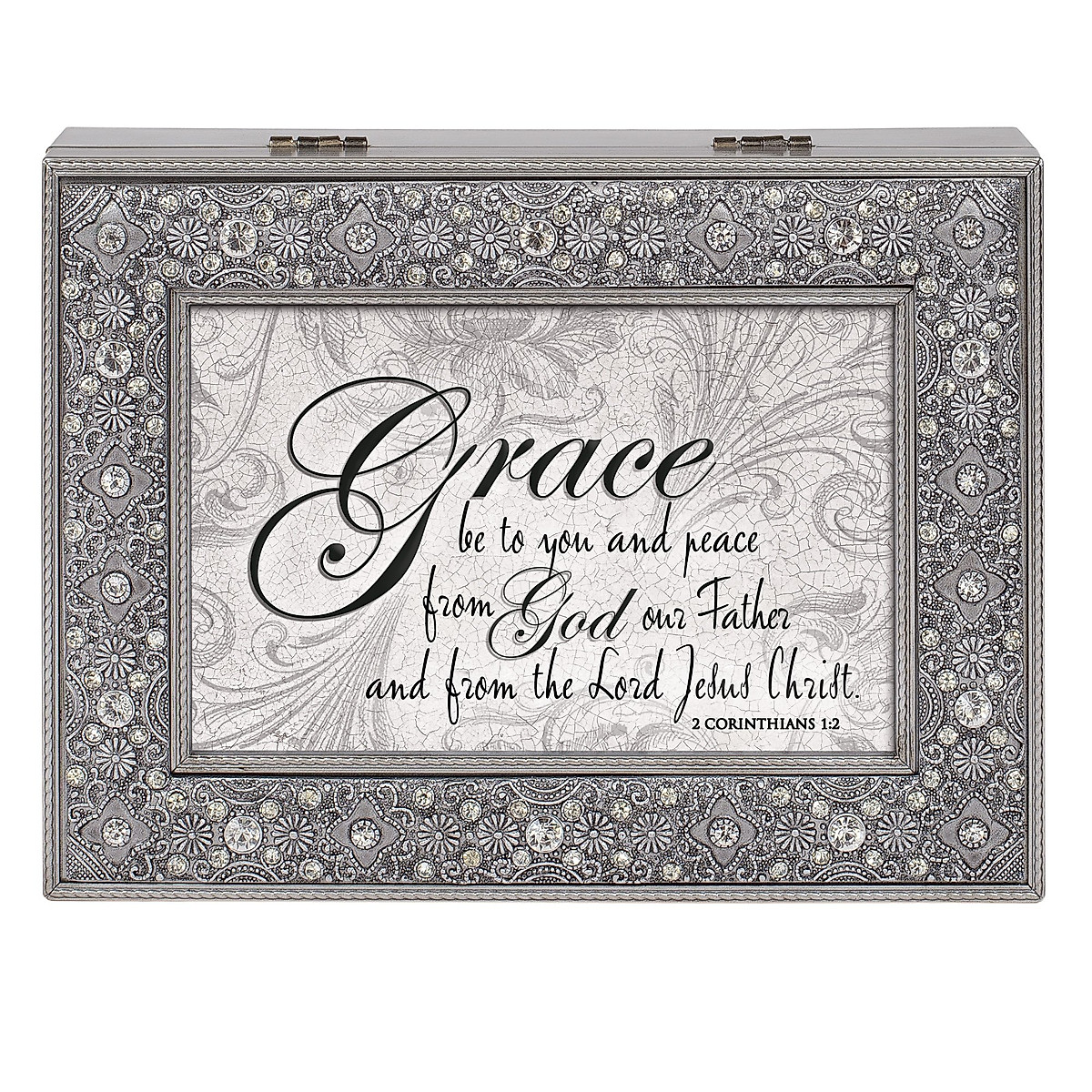 Cottage Garden Grace Peace from God Filigree Jewel Bead Silver Tone Music Box Plays Amazing Grace