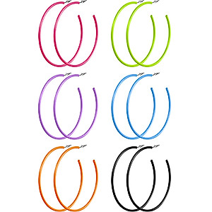 Hicarer 6 Pairs Neon Hoops Earrings Women Color Hoop Earrings Large Drop Earrings 80s Retro Party Accessory for Female Gifts