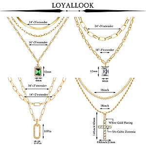 LOYALLOOK 9Pcs 14K Gold Plated Paperclip Herringbone Snake Figaro Chain Link Layered Choker Necklaces Paperclip Emerald Crystal Pendant Layering Necklace Cuban Link Rope Chain Cross Necklaces Gold Tone