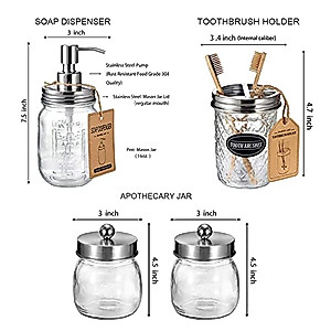 4 Pcs & 4 Pcs Brushed Nickel Mason Jar Bathroom Accessories Set- Lotion Soap Dispenser*2, Regular mouth Qtip Holder Set*2,Wide Mouth Cotton Swab Holder*2,Toothbrush Holder*2,Rustic Farmhouse Decor