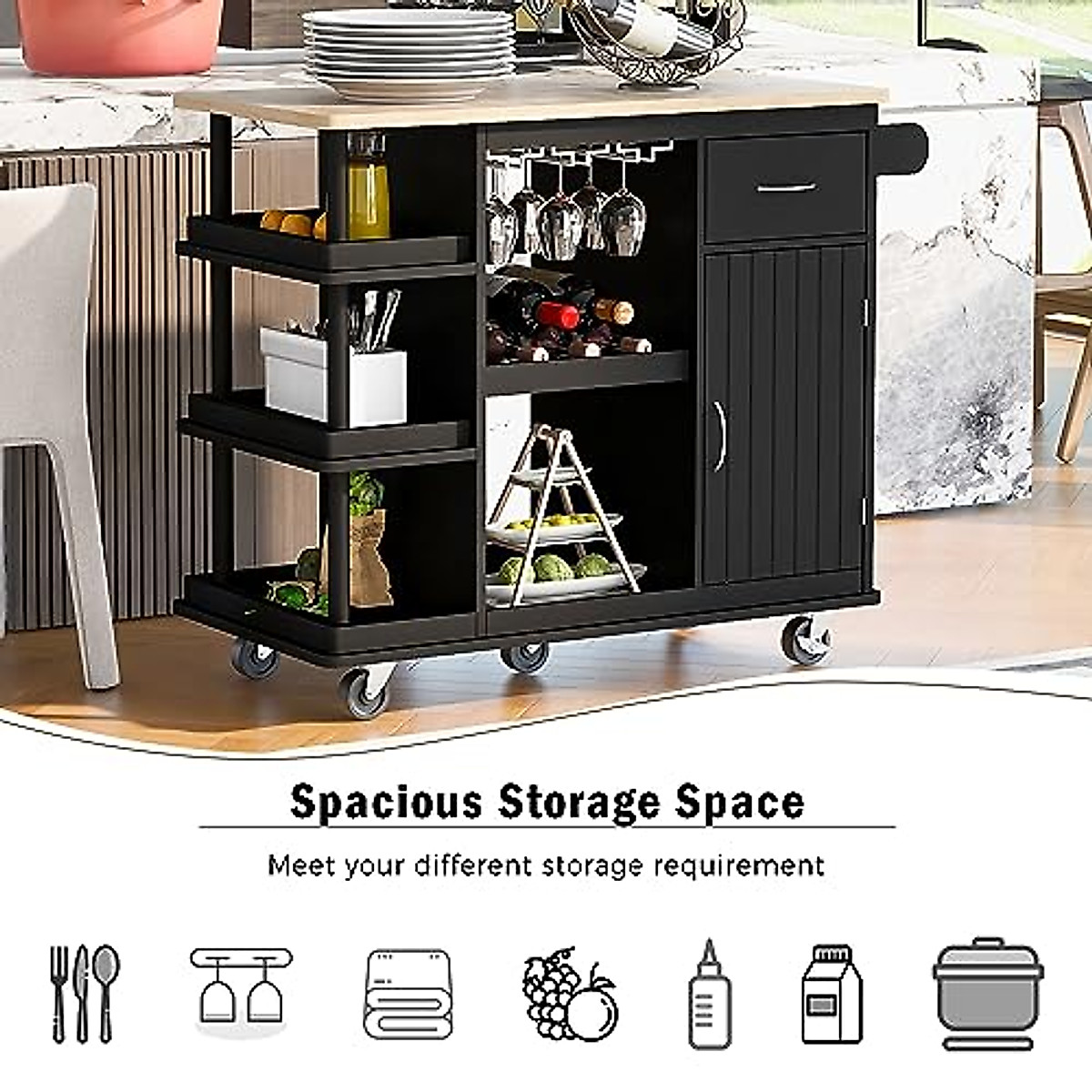 JVIBI Multipurpose Kitchen Cart Cabinet with Side Storage Shelves,Rubber Wood Top, Adjustable Storage Shelves, 5 Wheels, Kitchen Storage Island with Wine Rack for Dining Room, Home,Bar,Black