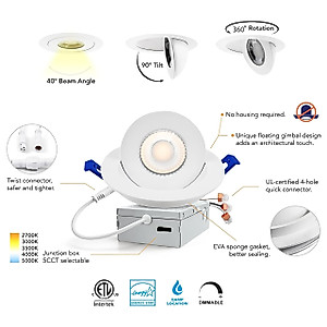 Adetu 4 Inch Gimbal Led Recessed Lights, 360°+90° Adjustable Directional Recessed Lighting, 2700K/3000K/3500K/4000K/5000K Dimmable Retrofit Eyeball Can Lights with Jbox, ETL(White, 6 Pack)