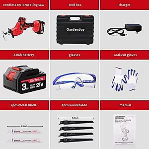 GardenJoy Cordless Power Reciprocating Saw: 21V Electric Compact Saw with 3.0Ah Battery and Charger, 6 Saw Blades, Variable Speed, Battery Powered Saw with Tool Box for Woods/Metal/Plastic Cutting