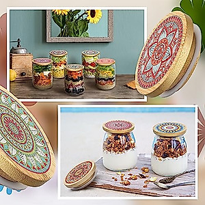 12 Pcs Oui Yogurt Jar Lids Reusable Bamboo Mandala Pattern Wooden Lids with Silicone Sealing Rings Large Mouth Storage Lids Compatible Suitable for Oui Yogurt Jars, Spice Cookie Jars, Coffee Bean