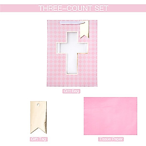 Loveinside Gift Bag with Pink Diamond and Cross Design, Tissue Paper for Baby Girl Baptisms, Christenings, First Communions Religious Occasion - 10" x 5" x 13", 1 Pcs