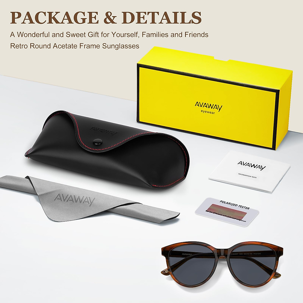 AVAWAY Acetate Polarized Sunglasses Women Trendy 2024 UV Protection Brown Tortoise Round Sun Shades Vintage Ladies Sunnies