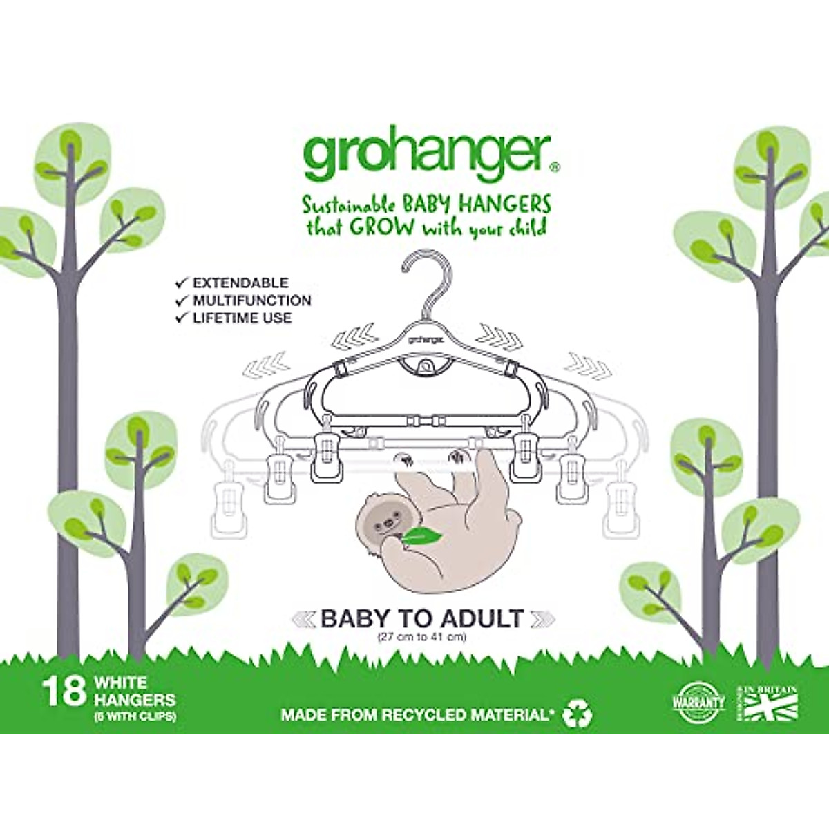 Grohanger Space Saving extendable Baby Hangers with Clips (10-16.4"). Only Expandable Kids Hangers with Full Adult Size Trouser bar and Clips. 18 Stylish Childrens Hangers. 6 Have Clips.